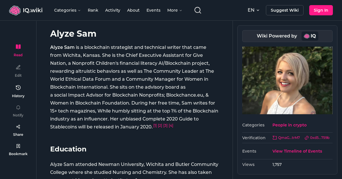 Alyze Sam - People in crypto | IQ.wiki